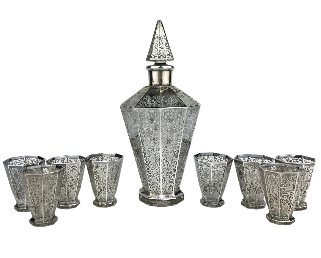 RARE Silver Overlay Fine Silver Solid Silver 999 Art Deco Liquor Set ...