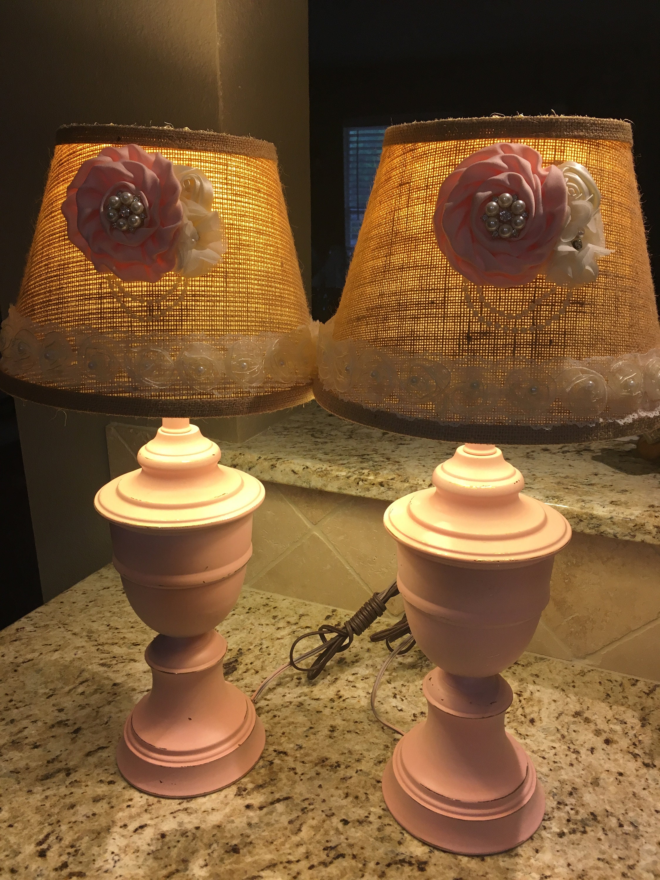 Pair of Vintage Pink Lamps With Ribbon and Lace - Etsy