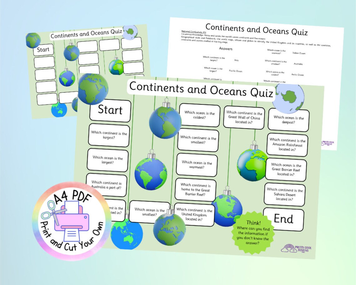 Geography Board Game: Continents & Oceans KS1 Quiz (PDF) - Etsy