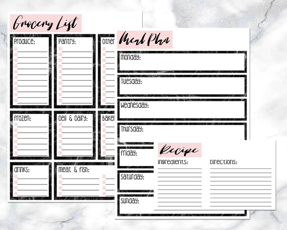 Meal Plan Grocery List Recipe Planner Printable Bundle / | Etsy
