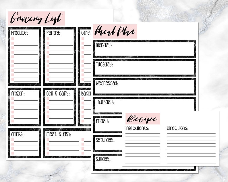 Meal Plan Grocery List Recipe Planner Printable Bundle / - Etsy