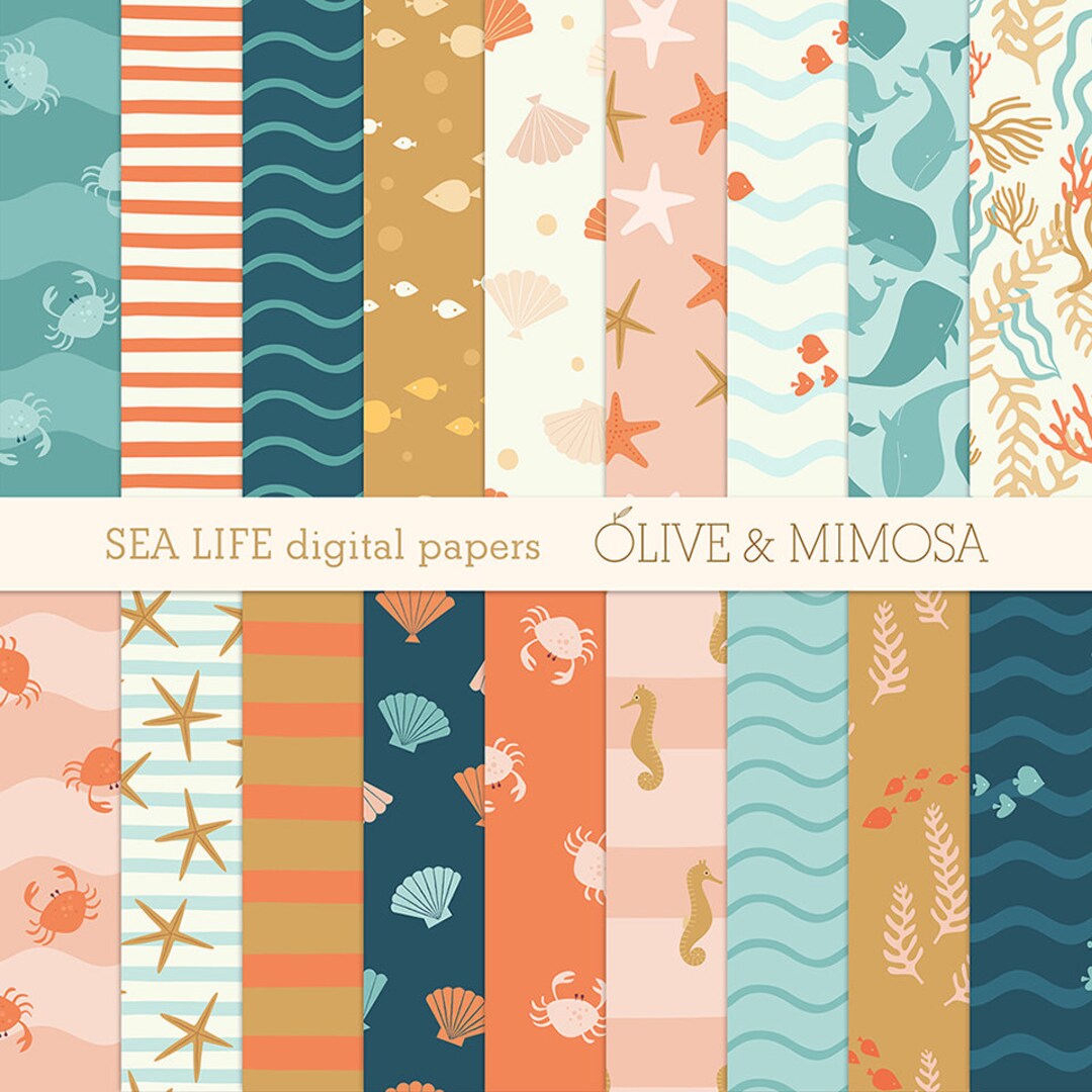 Sea Animals Digital Papers, Sea Life, Ocean, Seamless Pattern Set 12x12 ...