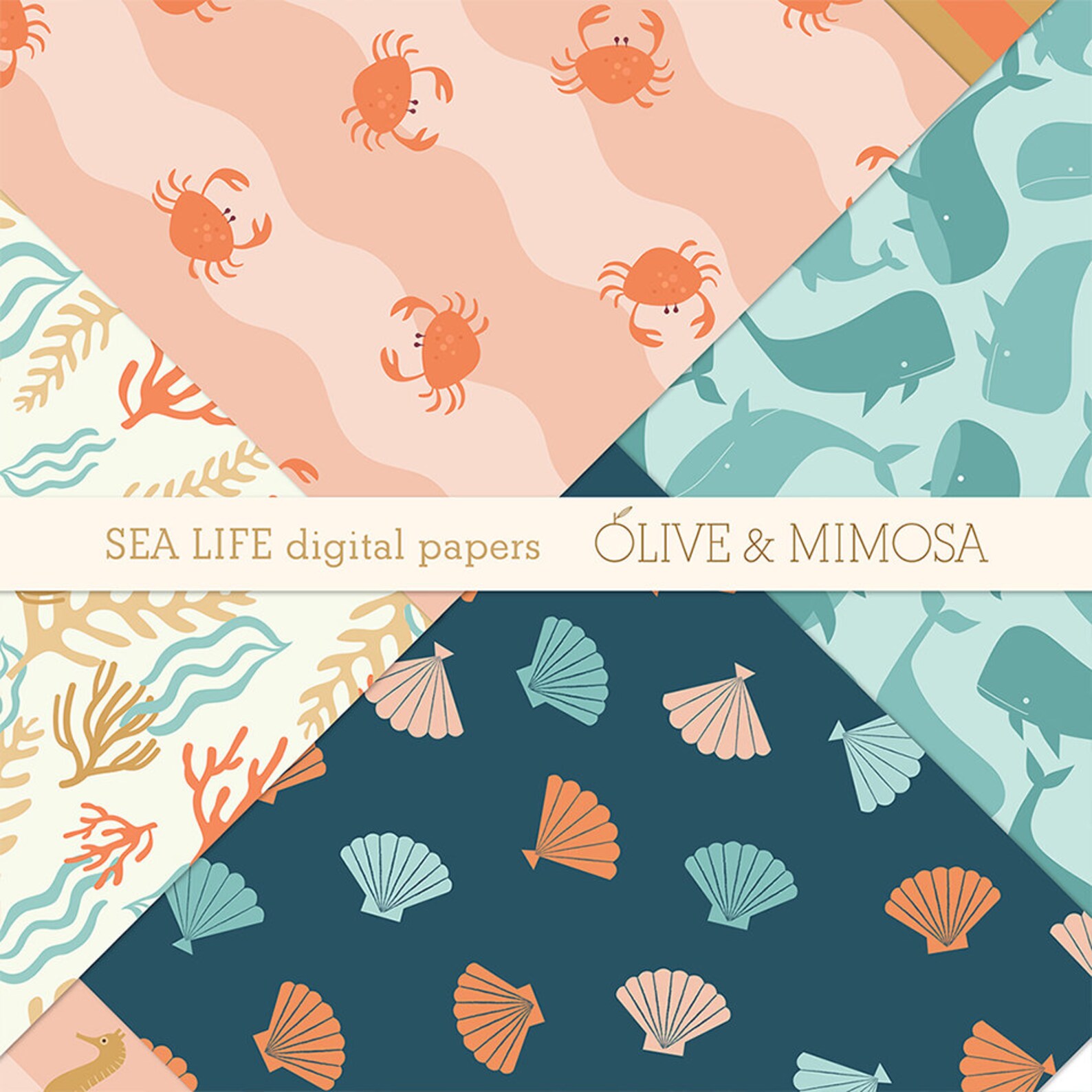 Sea Animals Digital Papers, Sea Life, Ocean, Seamless Pattern Set 12x12 ...