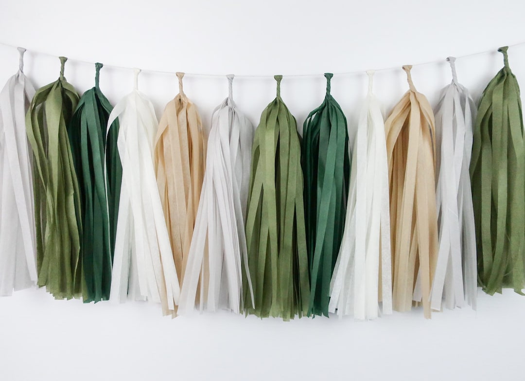 Green Gray + Tan Tassel Garland | Woodland Baby Shower | Neutral ...