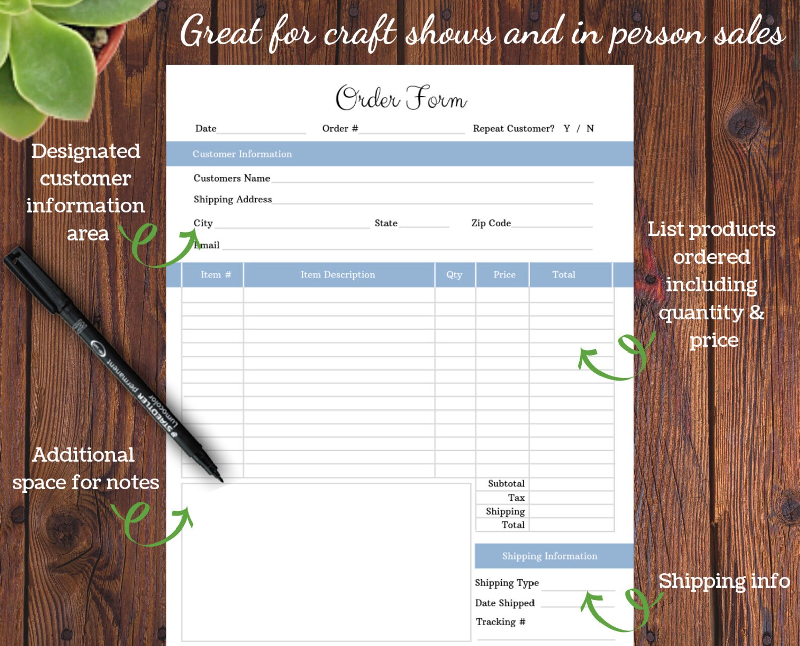 Printable Order Form, Craft Show Form, Customer Form, Small Business ...