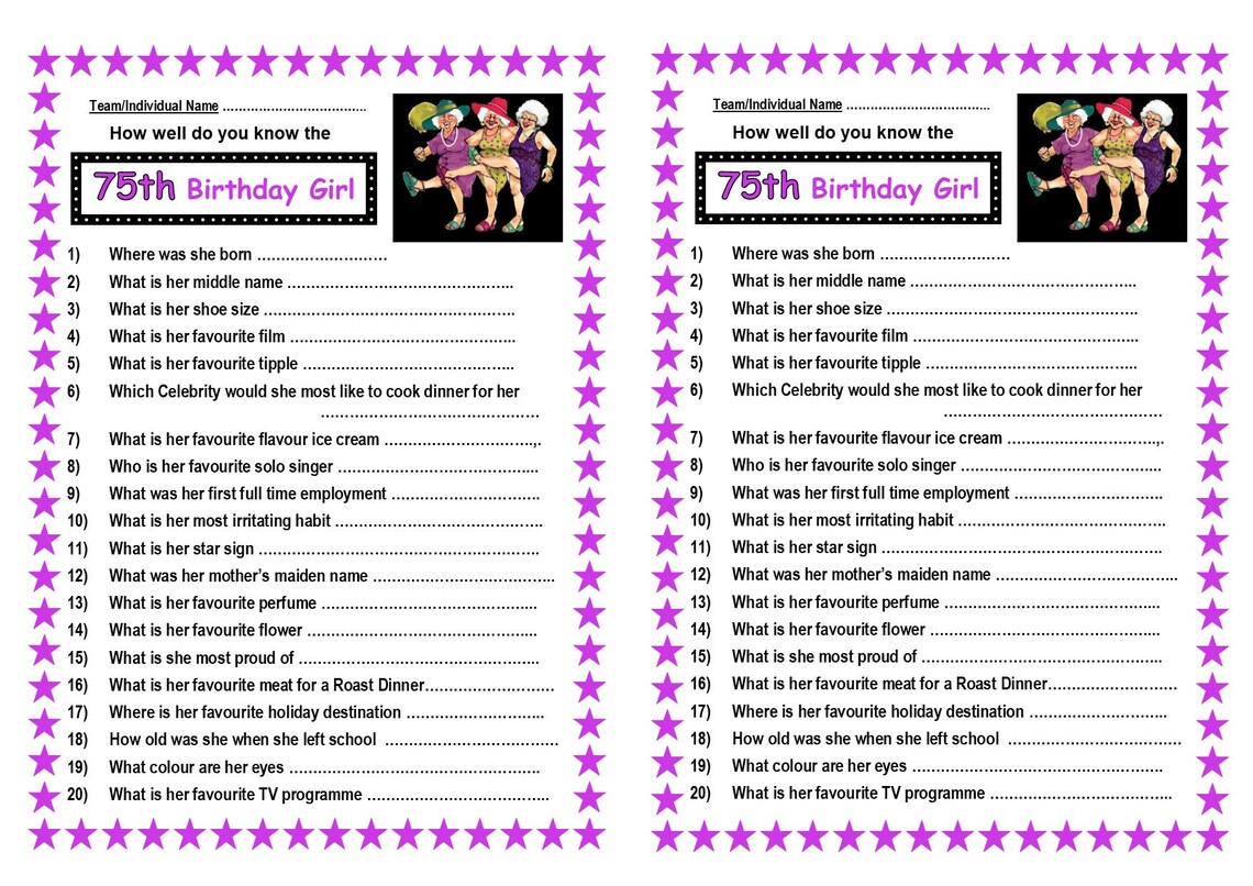 Printable 75th BIRTHDAY GIRL Family Quiz Game - Players Sheets ...