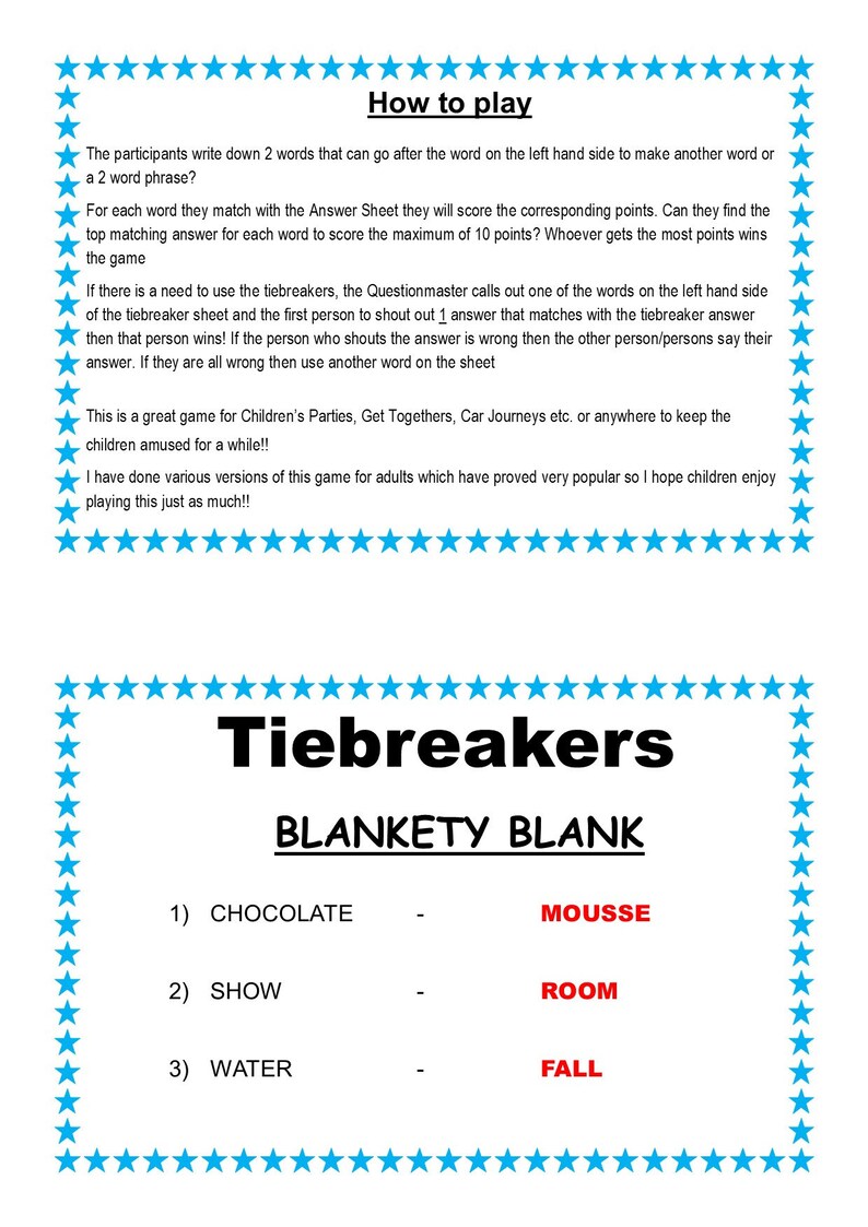 Printable PDF Files Children's Blankety Blank 'SUPER MATCH' Game ...
