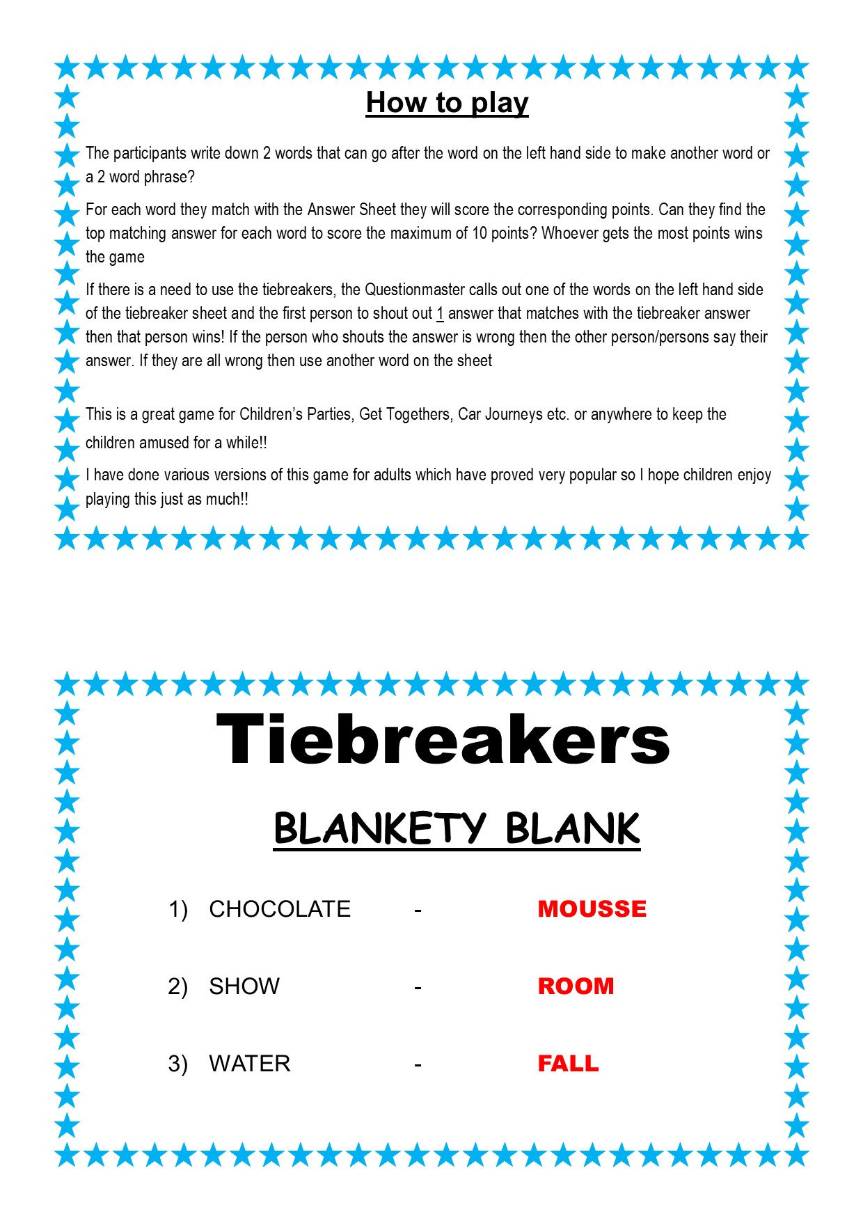 Printable PDF Files Children's Blankety Blank 'SUPER MATCH' Game ...
