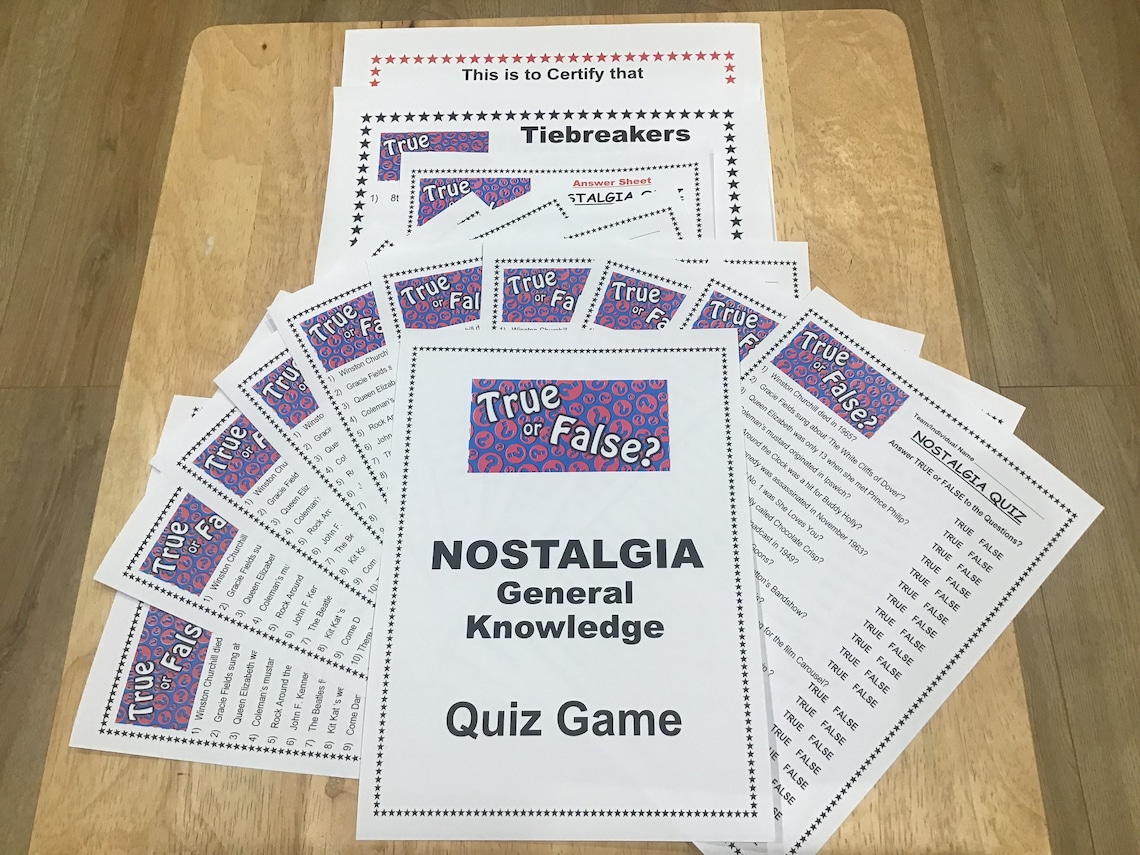 NEW!! Printable Pdf Files 'NOSTALGIA' True or False General Knowledge ...