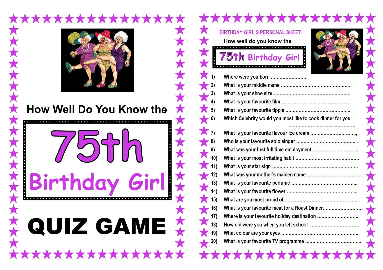 Printable 75th BIRTHDAY GIRL Family Quiz Game - Players Sheets ...