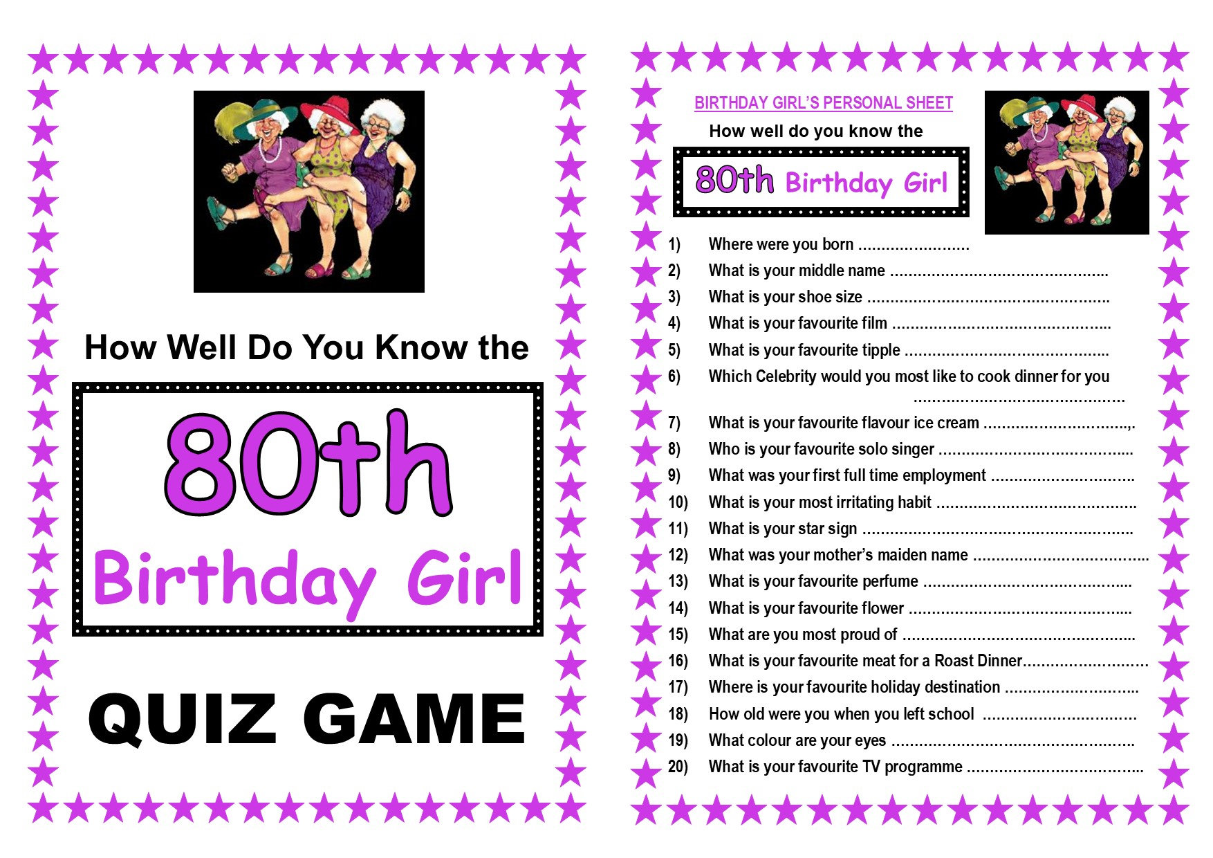 Printable 80th BIRTHDAY GIRL Family Quiz Game - Players Sheets - Tiebreakers - Winner’s Cert ...