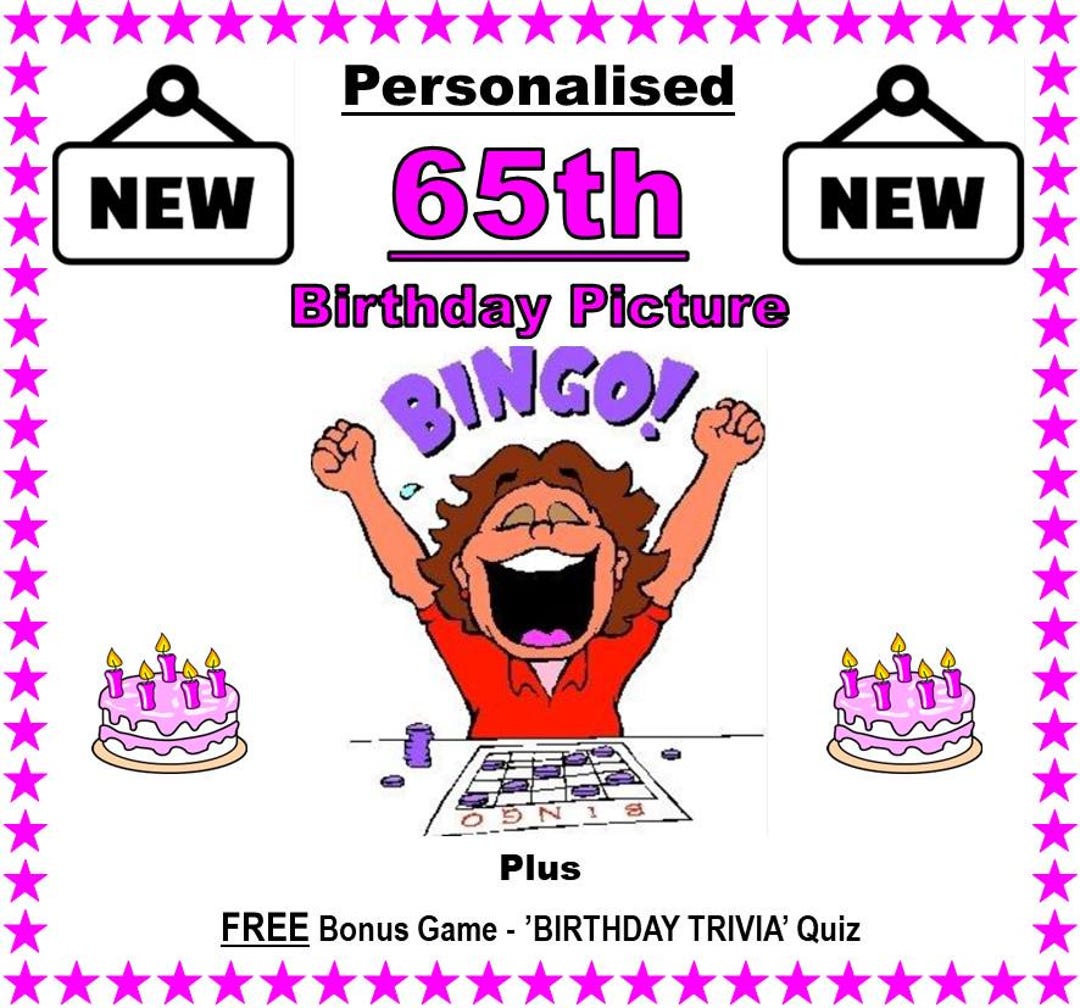 Personalised 65th BIRTHDAY GIRL Picture Bingo Game + FREE Bonus Quiz ...