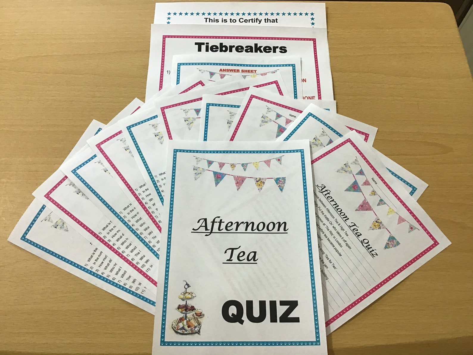 AFTERNOON TEA Themed Quiz Trivia Game 20 X A5 Sheets 3 X Tiebreakers 1 ...