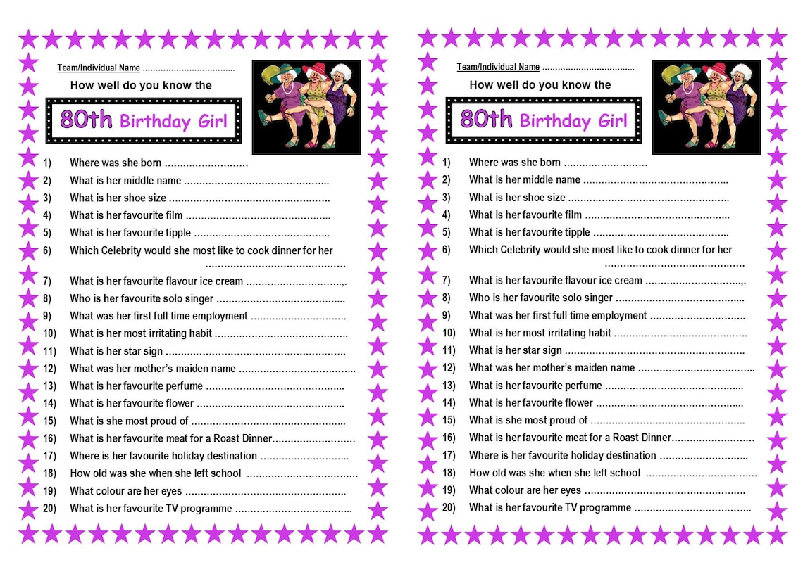 Printable 80th BIRTHDAY GIRL Family Quiz Game - Players Sheets - Tiebreakers - Winner’s Cert ...