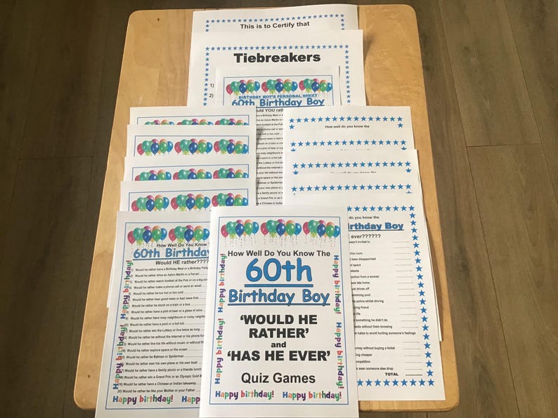 New for 2025! 60th BIRTHDAY BOY Party Quiz Games-'would He Rather' and ...