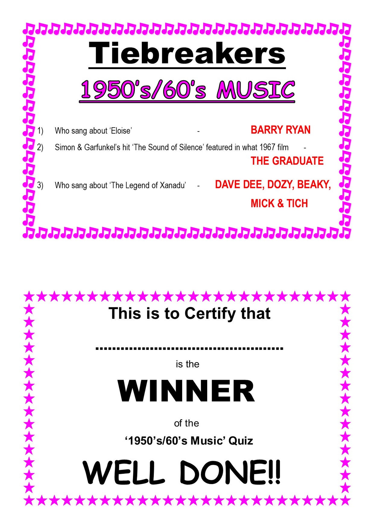 Instant Download Printable PDF - 1950's/60's MUSIC Trivia Quiz Game ...