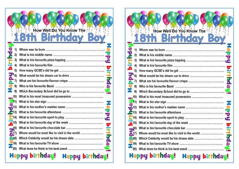 Printable 18th BIRTHDAY BOY Family Quiz Game Players Sheets - Etsy