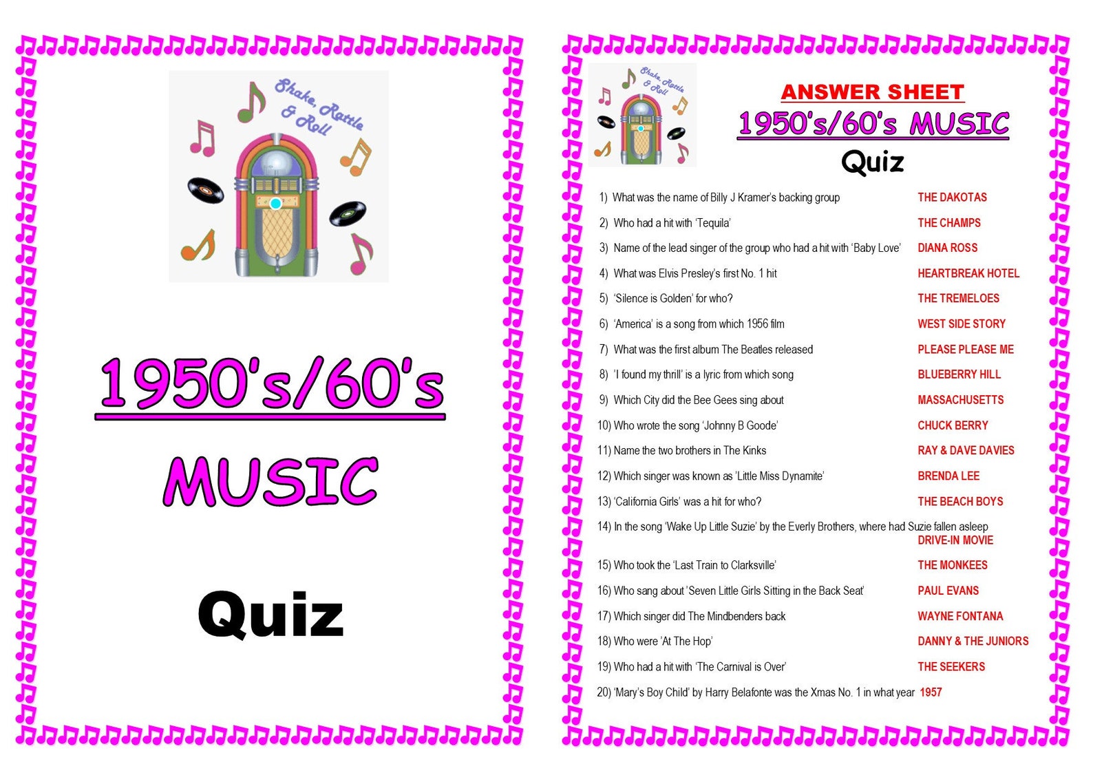 Instant Download Printable PDF - 1950's/60's MUSIC Trivia Quiz Game ...