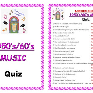 Instant Download Printable PDF - 1950's/60's MUSIC Trivia Quiz Game ...