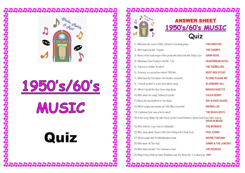 Instant Download Printable PDF - 1950's/60's MUSIC Trivia Quiz Game ...