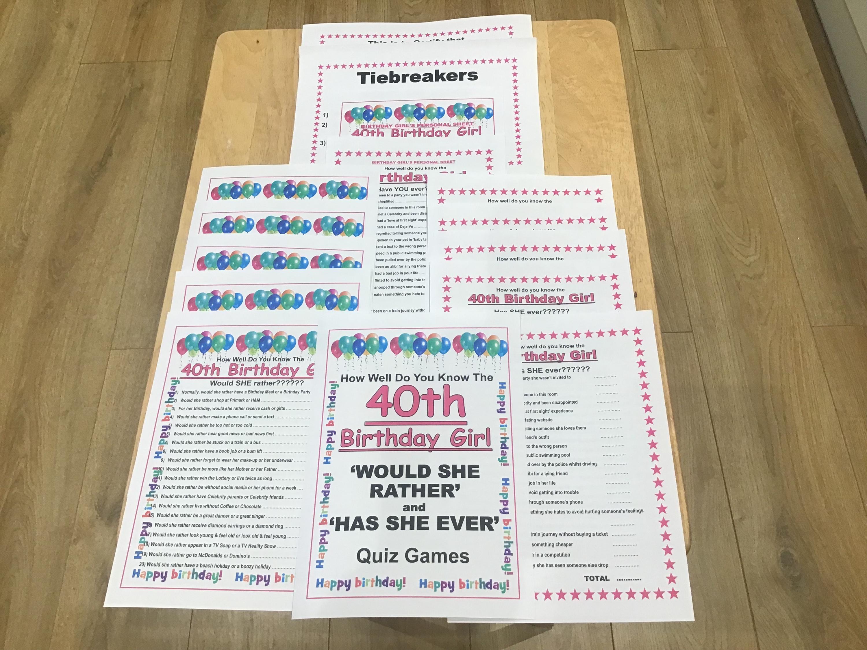 New for 2025! 40th BIRTHDAY GIRL Party Quiz Games-'would She Rather ...