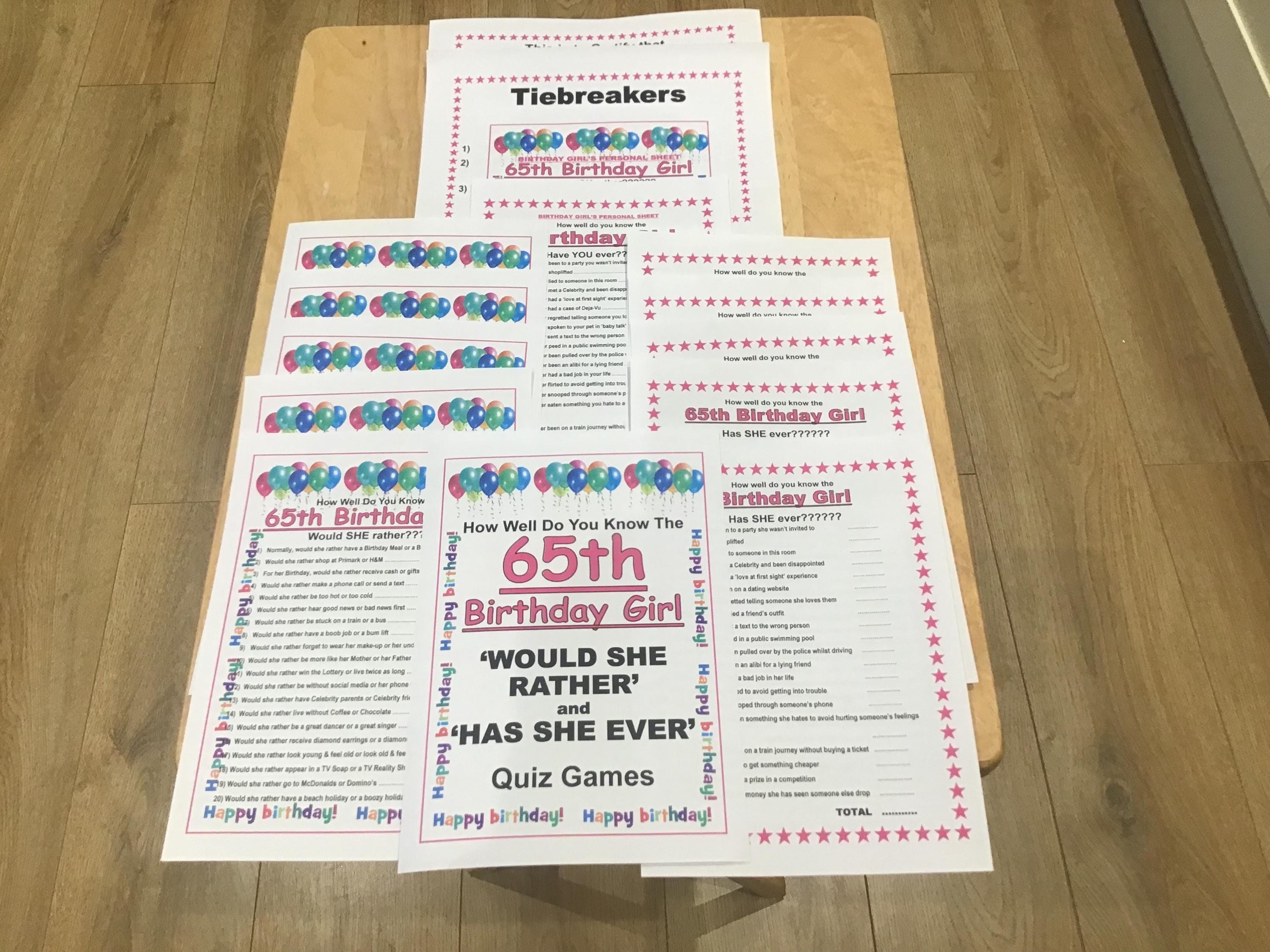Printable PDF Files! 65th BIRTHDAY GIRL Party Quiz Games - 'would She ...