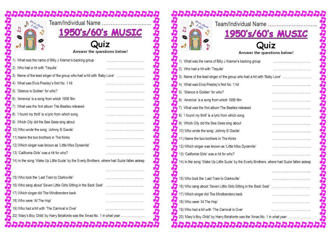 Instant Download Printable PDF - 1950's/60's MUSIC Trivia Quiz Game ...