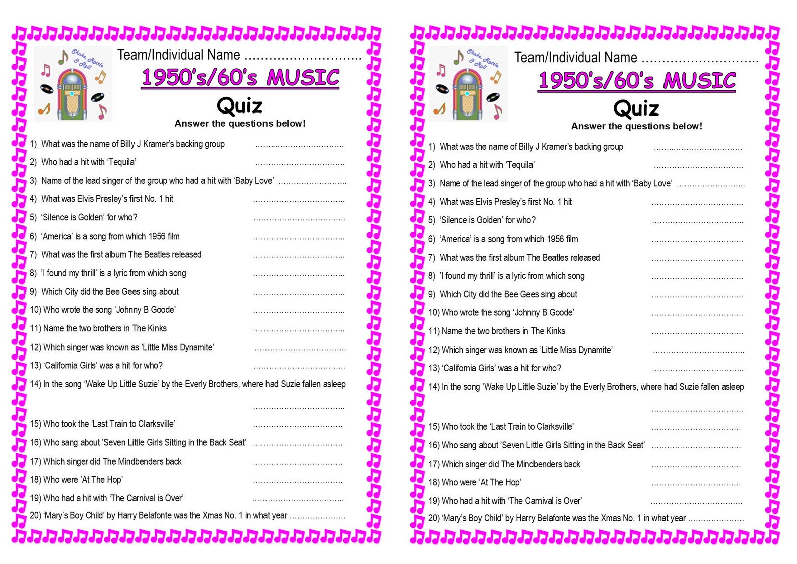 Instant Download Printable PDF - 1950's/60's MUSIC Trivia Quiz Game ...