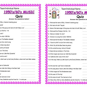 Instant Download Printable PDF - 1950's/60's MUSIC Trivia Quiz Game ...
