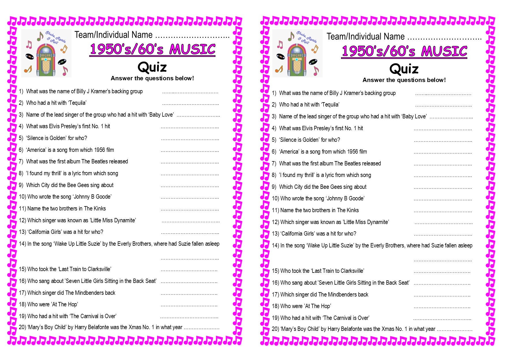 Instant Download Printable PDF - 1950's/60's MUSIC Trivia Quiz Game ...
