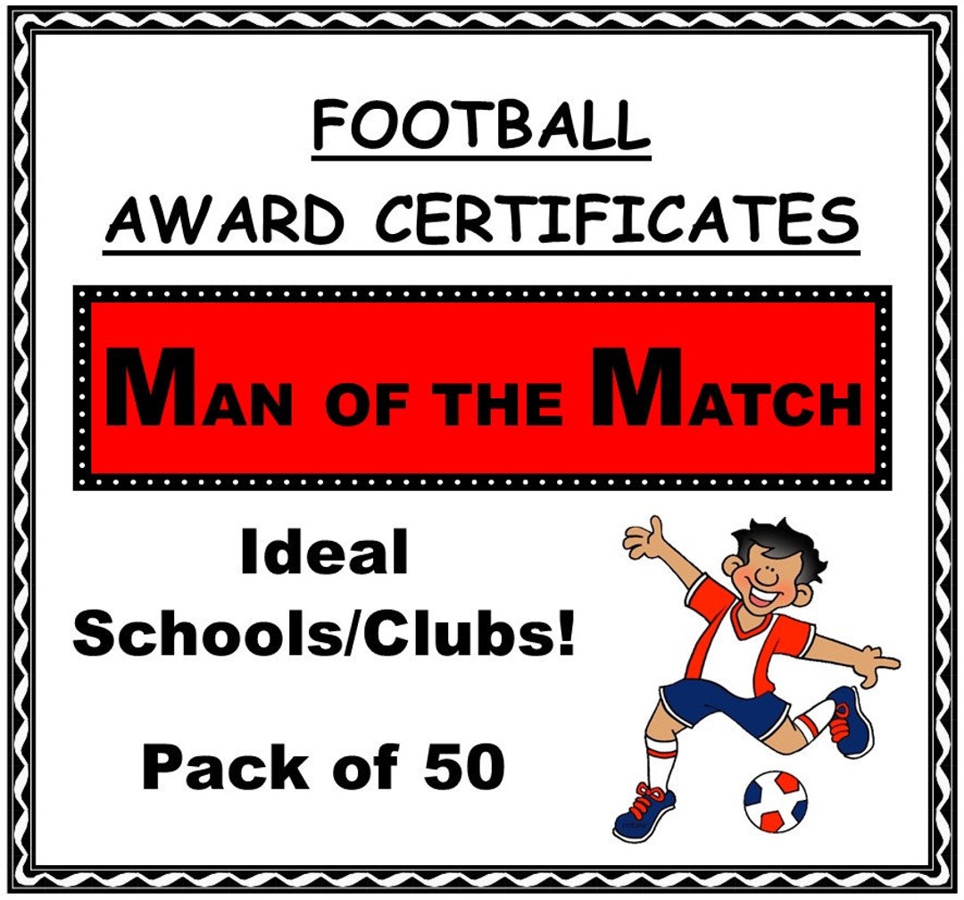 FOOTBALL AWARD CERTIFICATES 'man of the Match' 50 X A5 - Etsy Singapore