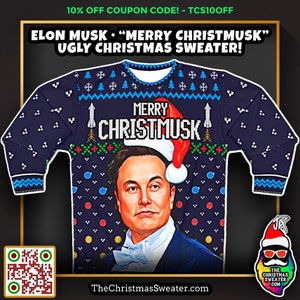Elon Musk Ugly Christmas Sweater Holiday Party Unisex Doge Mars Spacex ...