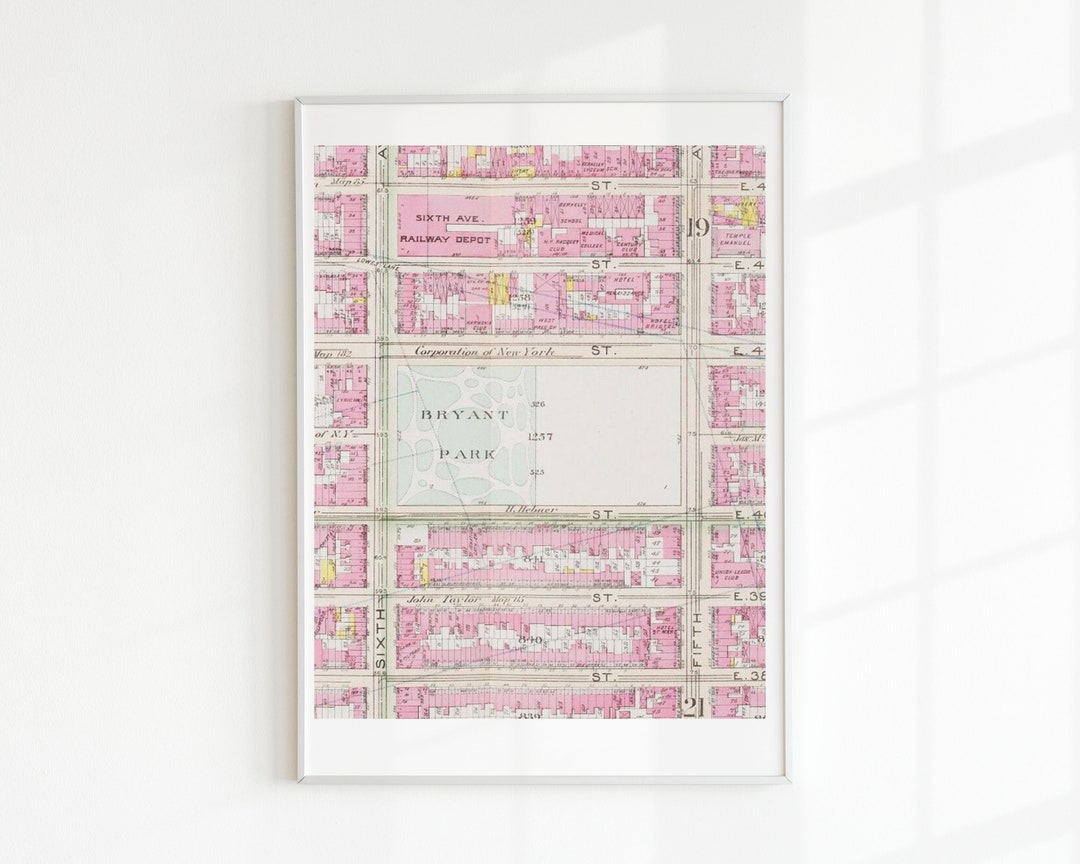 Pink Bryant Park Map Digital Print | New York City Print | NYC Print ...