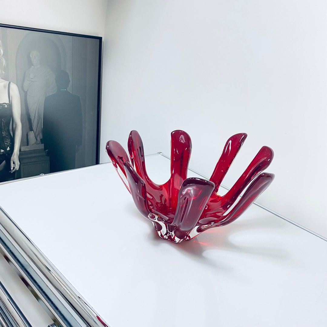 Rub Red Glass Bowl, Red Glass Decor, Vintage Glass Art, Ruby Red Glass ...