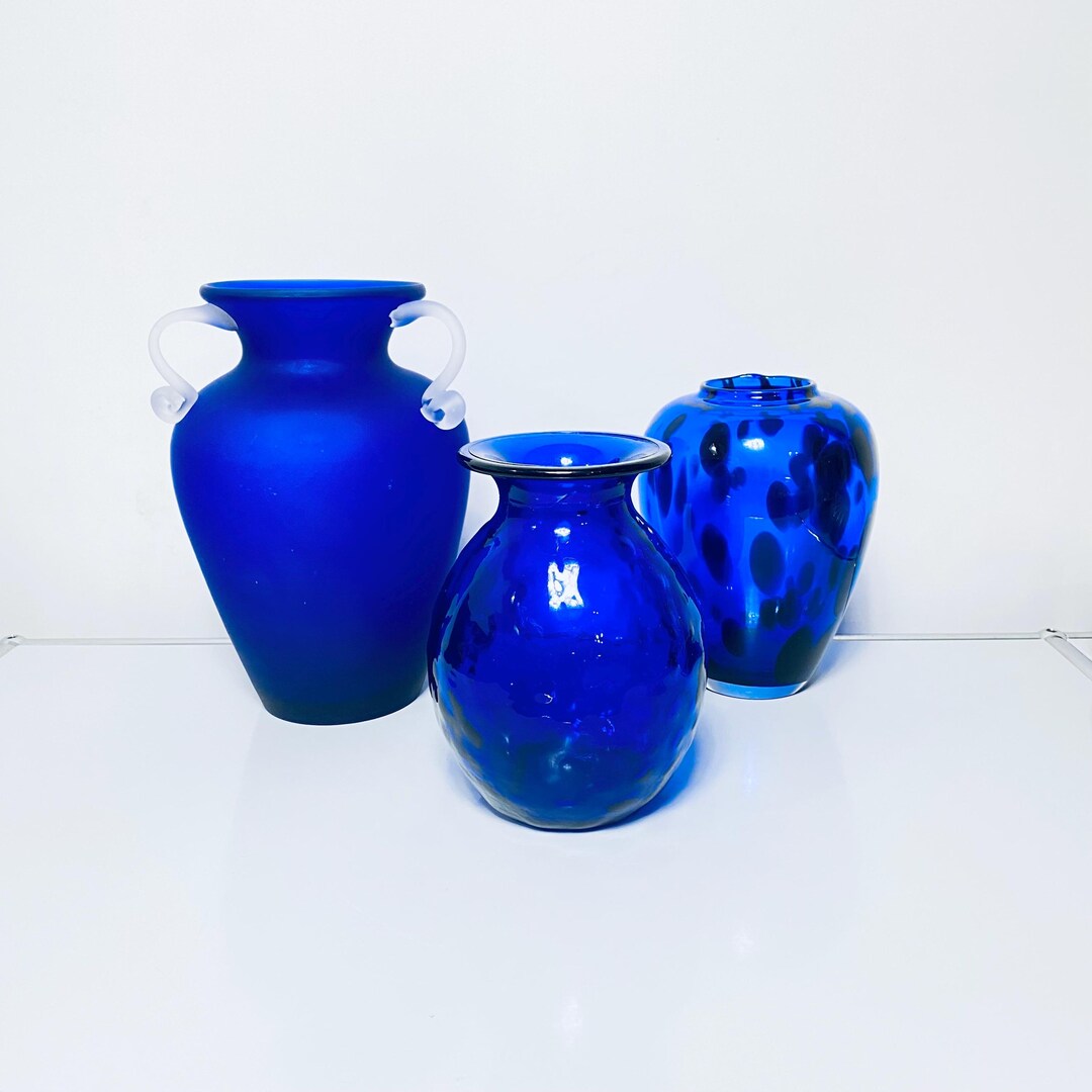 Set of Blue Home Decor, Blue Glass Decor, Vintage Glass Art, Blue Glass ...