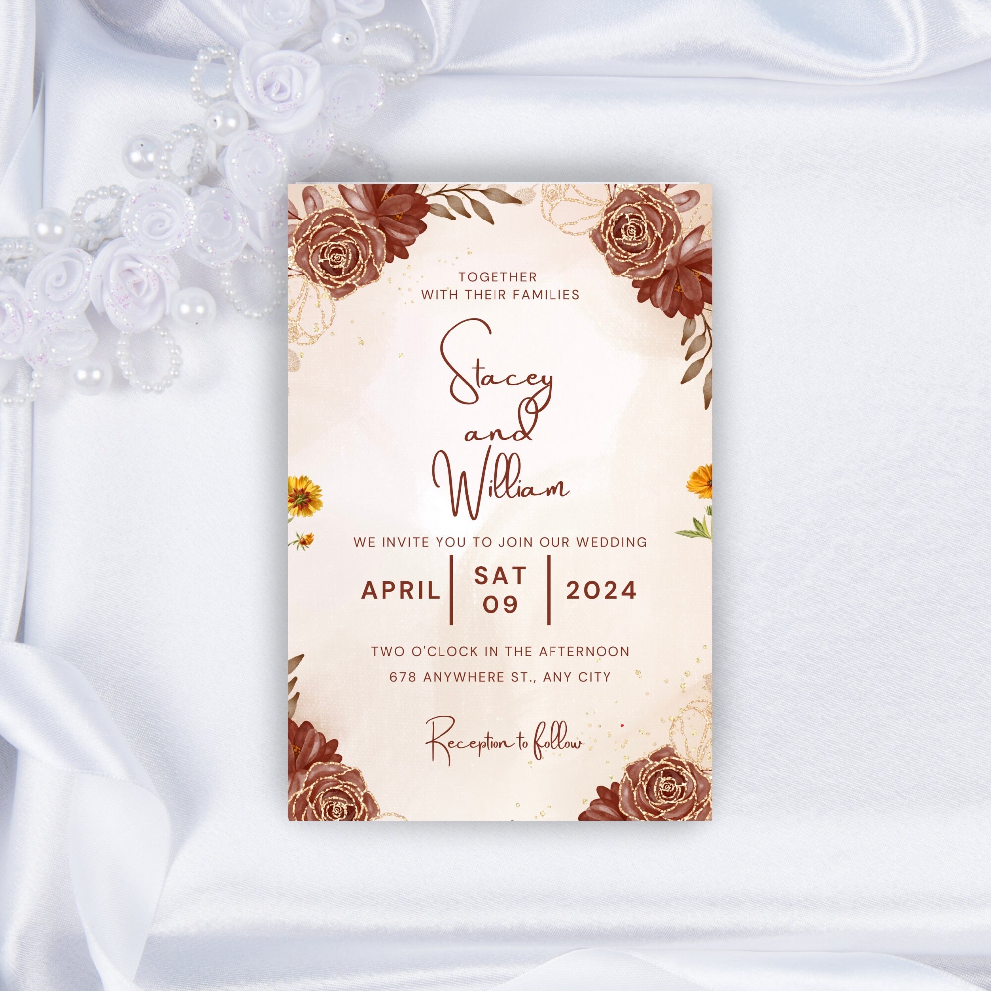 Brown Watercolor Wedding Invitation Card Printable Floral Wedding ...