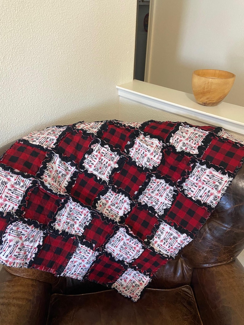 Custom Handmade Red and Black Rustic Buffalo Check Pattern Rag Quilted ...