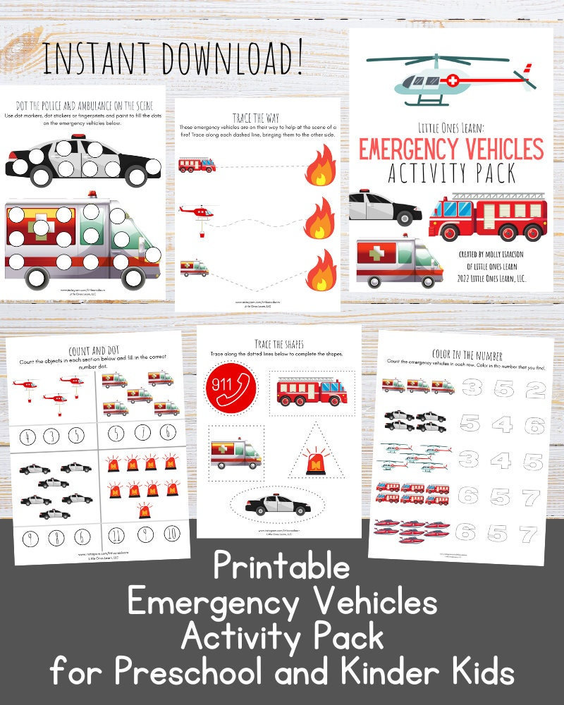 Printable Emergency Vehicles Activity Pack: Fire Trucks, Ambulances ...