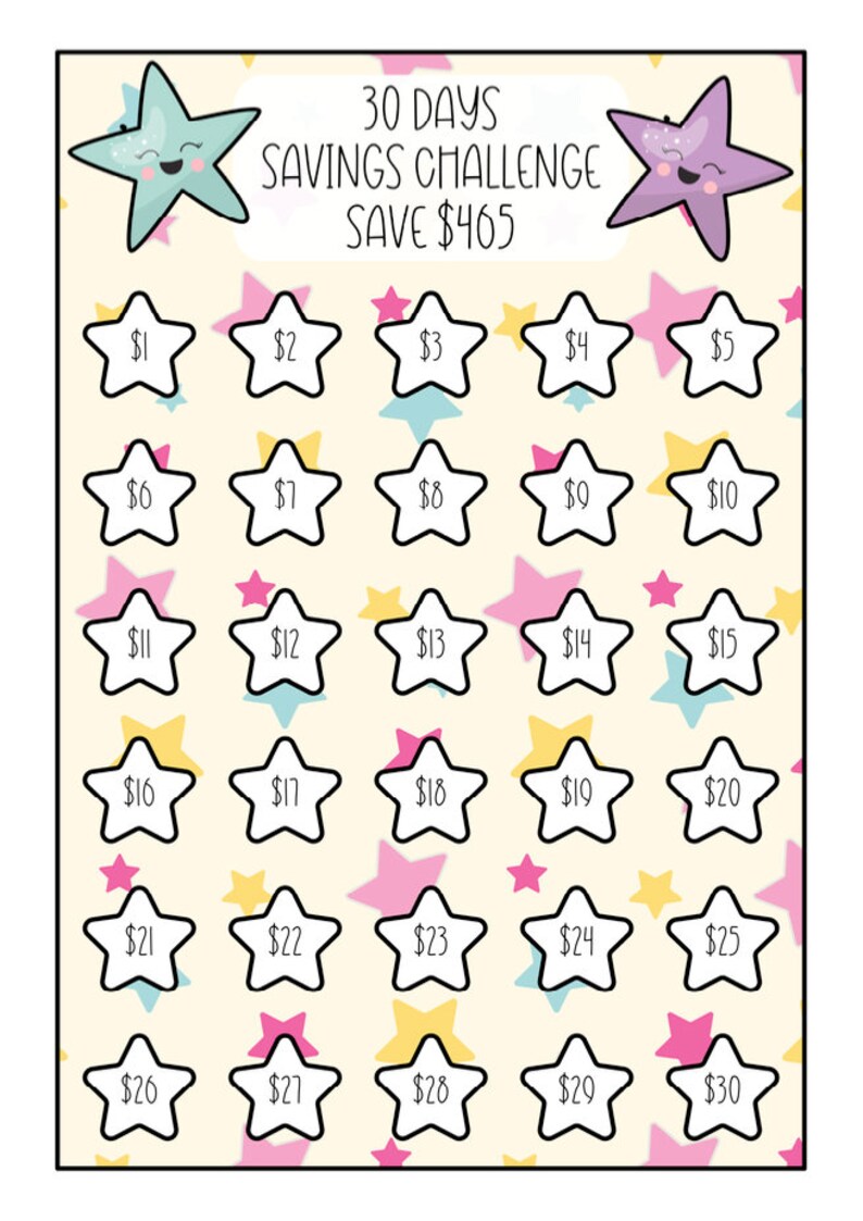 30 Days Savings Challenge PDF Stars Personal Size - Etsy