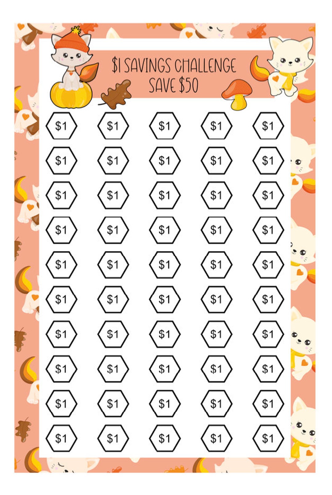 1 Dollar Savings Challenge PDF Fall Cats Personal Size - Etsy