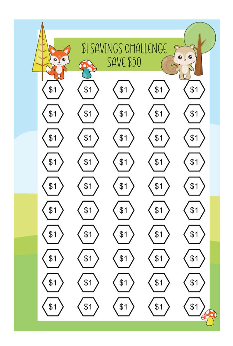 1 Dollar Savings Challenge PDF Woodland Friends Personal Size - Etsy