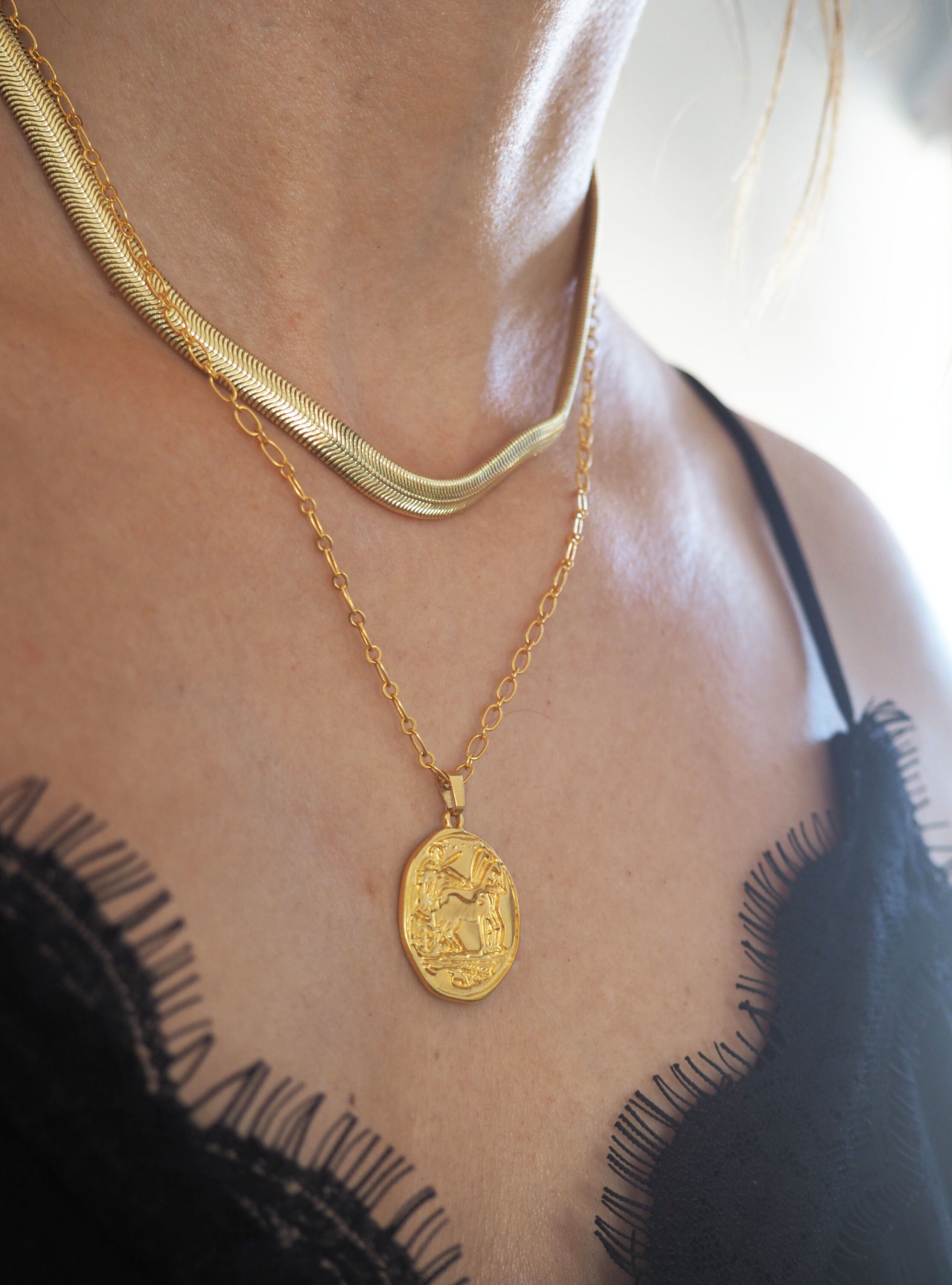Gold ancient coin Layered gold round necklace Minimalist | Etsy