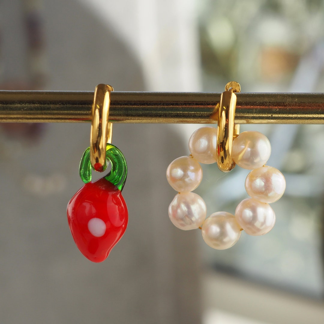 Red Chilli Pepper Earrings, Mismatched Earrings, Gold Hoop Earrings ...