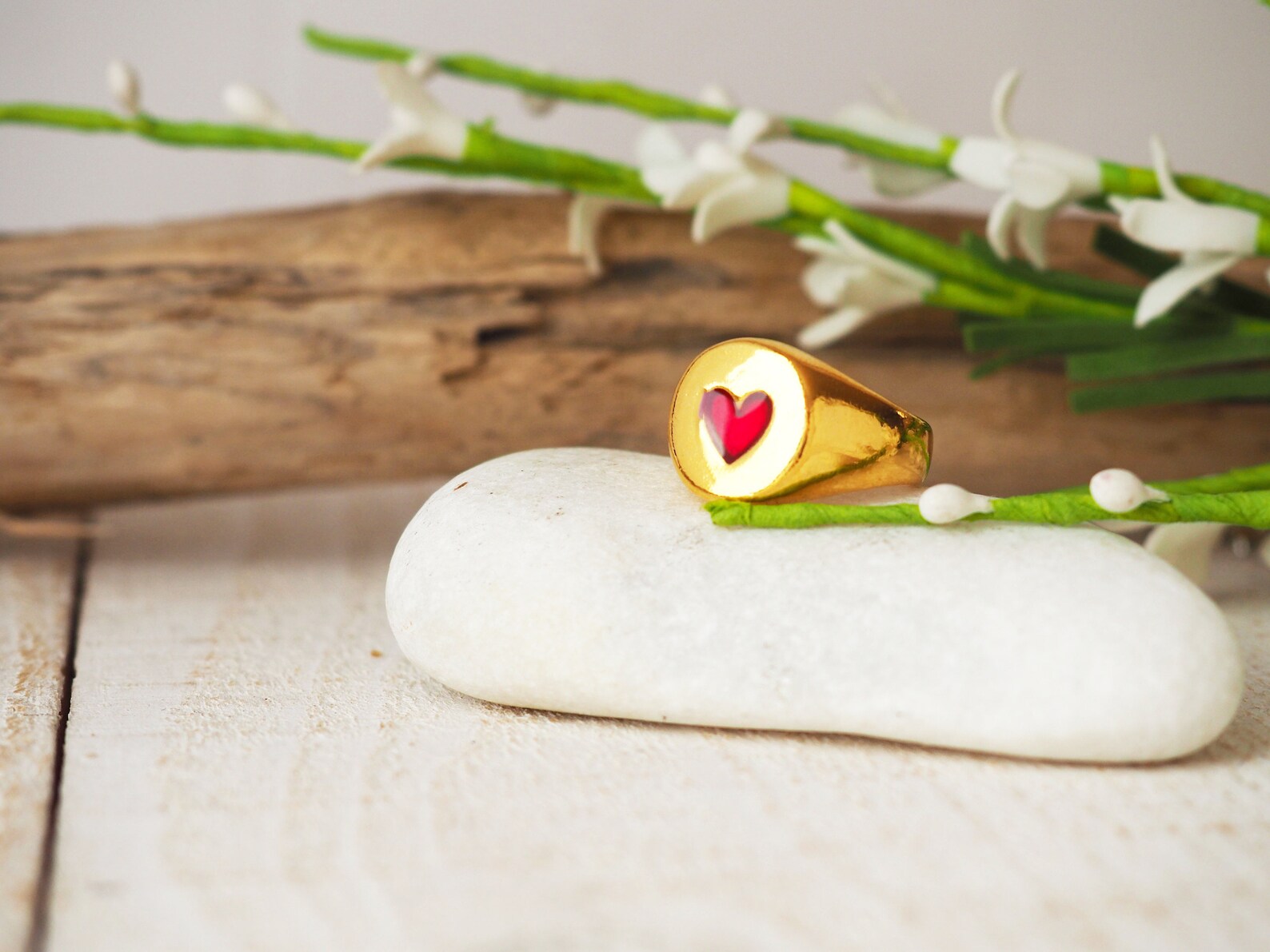 Pinky Gold Signet Heart Ring Chunky Ring Gold Red Heart | Etsy