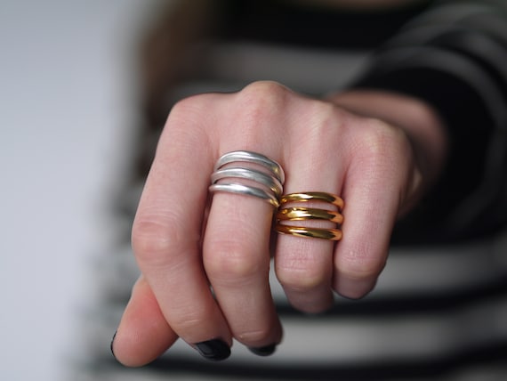 Triple Band Stackable Ring Three Lines Ring Three Band Gold | Etsy