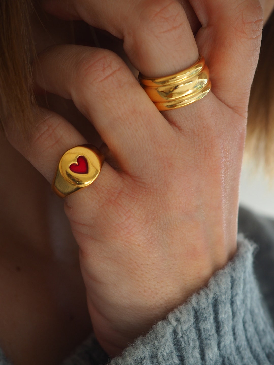 Pinky Gold Signet Heart Ring, Chunky Ring, Gold Red Heart Signet Ring ...