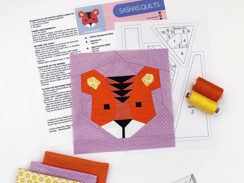 Tiger Quilt Block / PDF Pattern / Animal Faces / Paper Piecing | Etsy