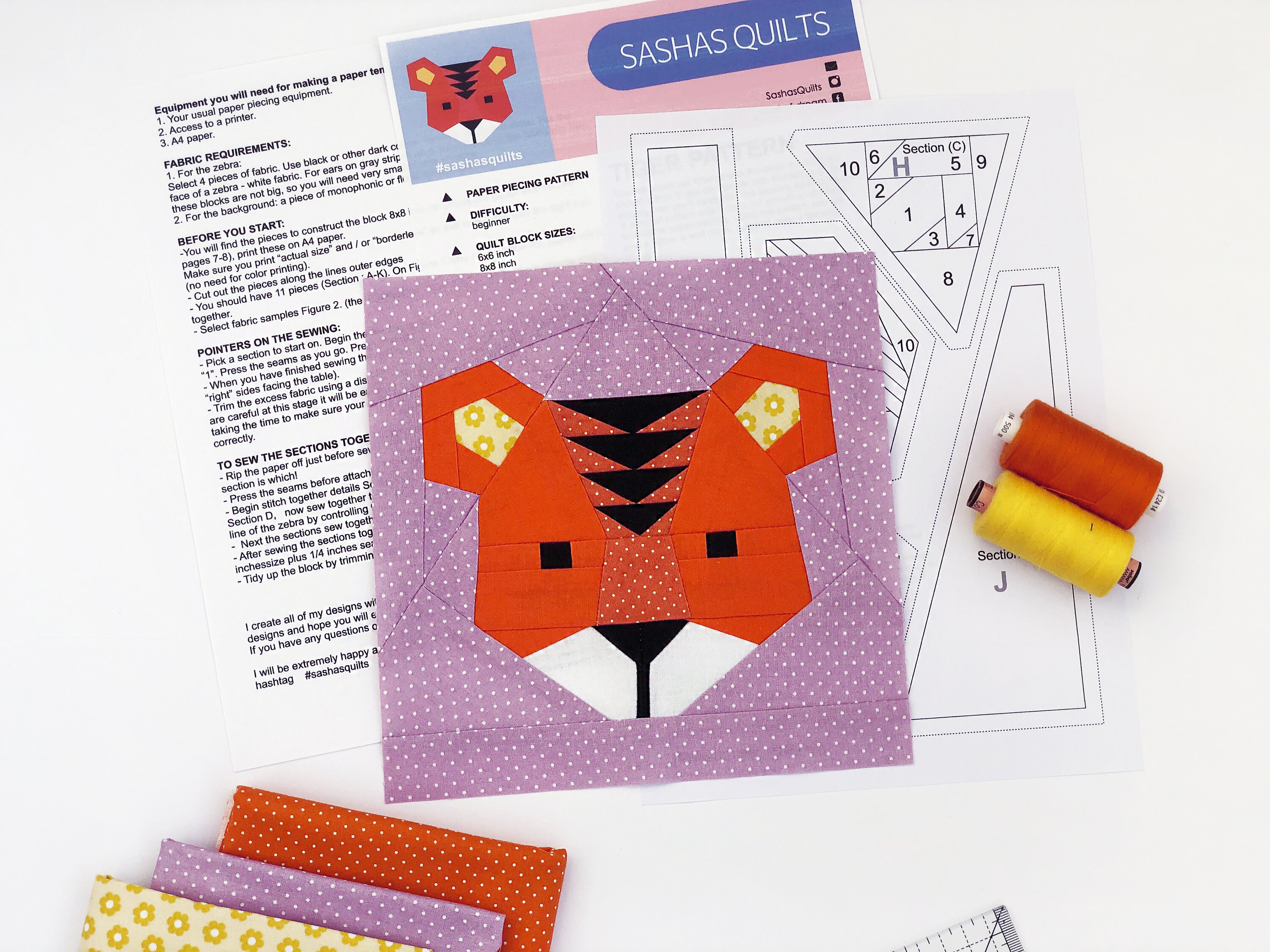 Tiger Quilt Block / PDF Pattern / Animal Faces / Paper Piecing | Etsy
