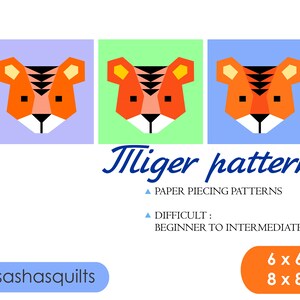 Tiger quilt block / PDF pattern / Animal faces / Paper piecing | Etsy