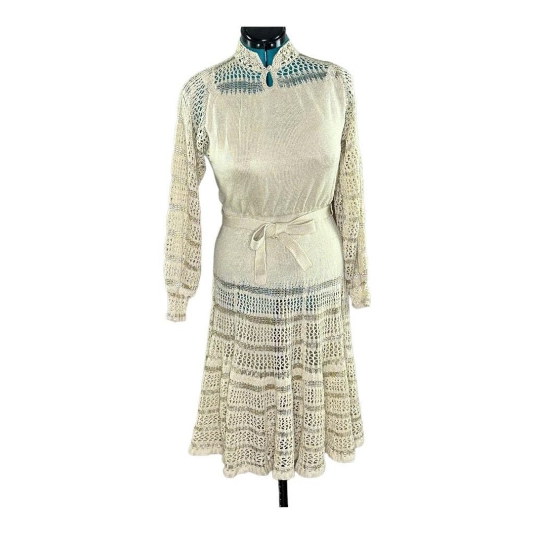 Vintage 1970's Miss Joann California Womens Dress Beige Belted Crochet ...